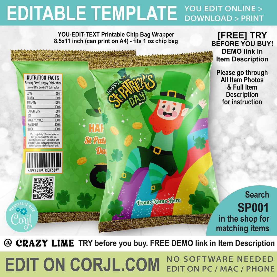 EDITABLE St Patricks Day Chip Bag Template. Kid Saint Patrick's Party ...