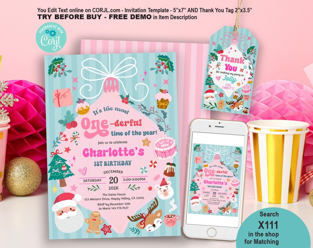 Most One-derful Time Baby Girl Christmas 1st Birthday Invitation ...