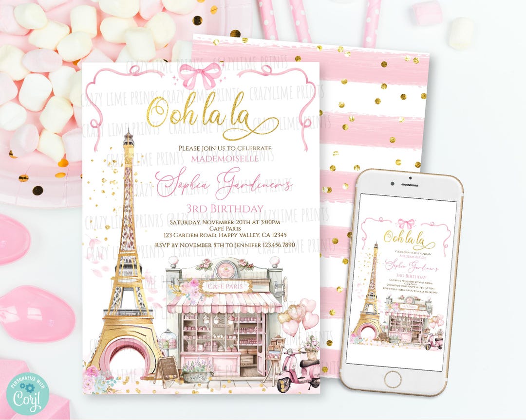 EDITABLE Paris Birthday Party Invitation. French Parisian Cafe ...