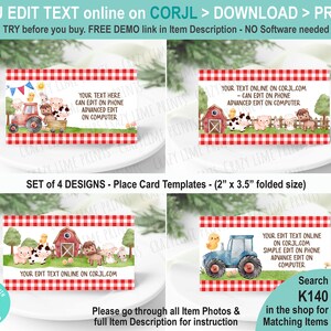 EDITABLE Farm Animals Party Place Card Templates Set of 4. Printable ...