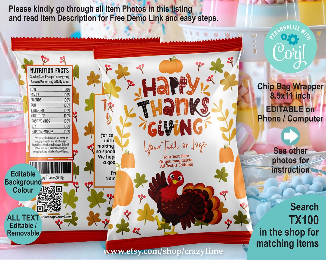 EDITABLE Thanksgiving Chip Bag Wrapper Template. Personalised Block ...