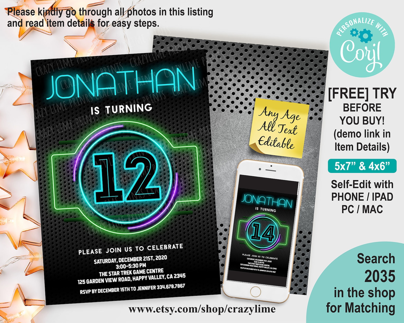 EDITABLE Boy 12th Birthday Invitation Template. Personalised Neon Glow ...