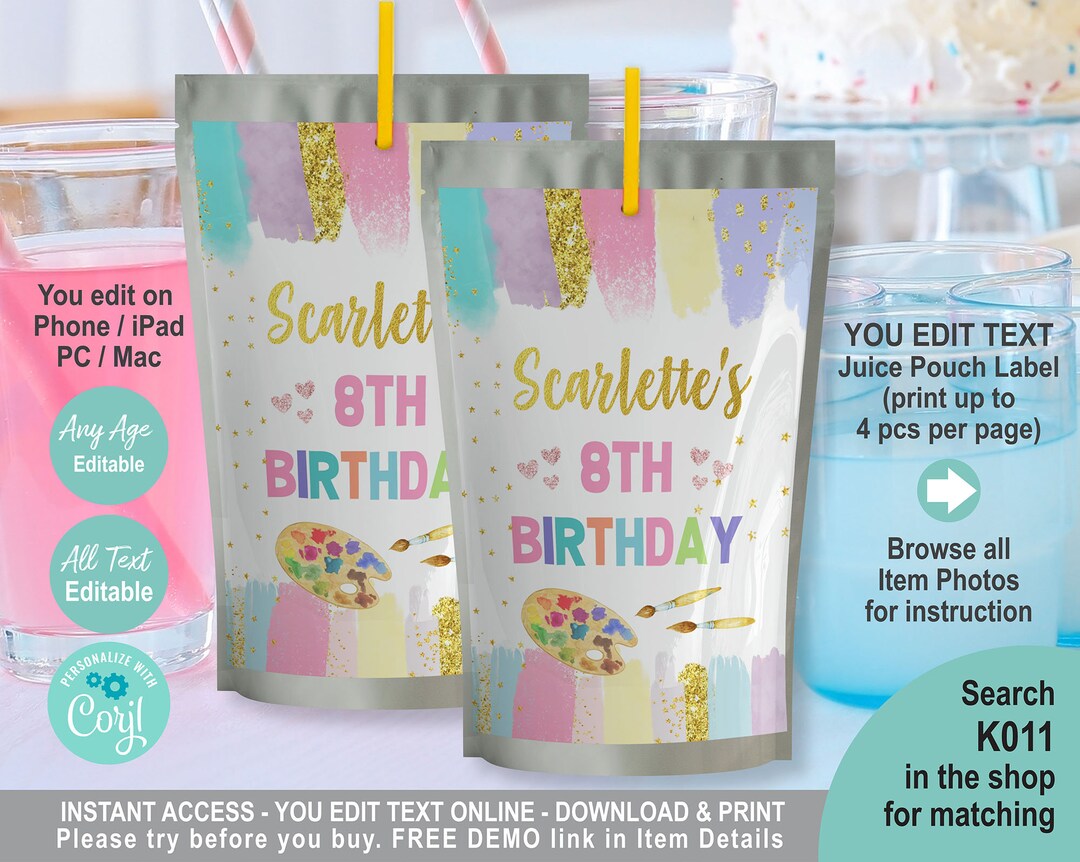 EDITABLE Girl Art Party Birthday Juice Pouch Label. Printable Pastel ...