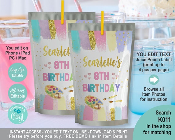 EDITABLE Girl Art Party Birthday Juice Pouch Label. Printable - Etsy