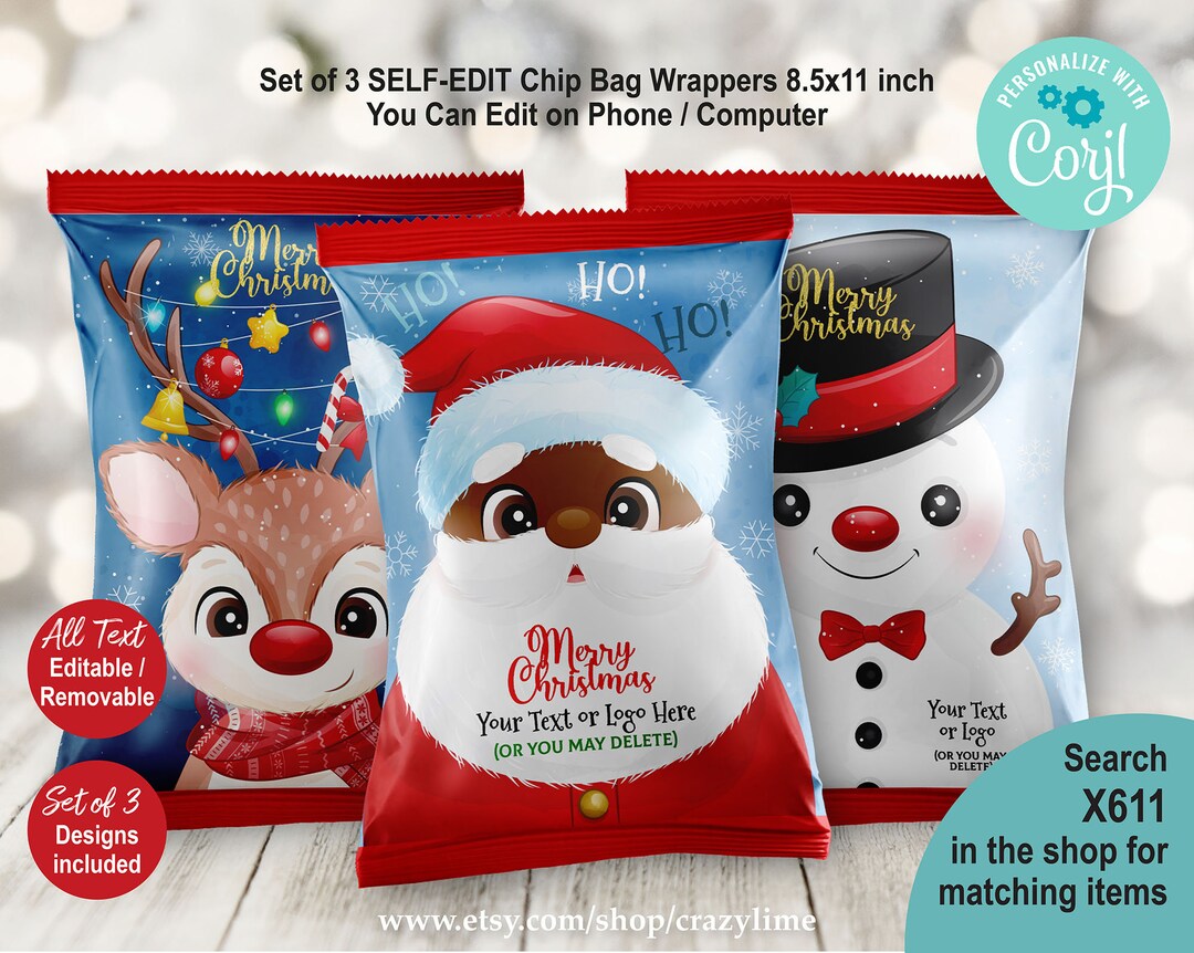 EDITABLE Christmas Chip Bag Wrapper Template Set of 3. Personalised ...