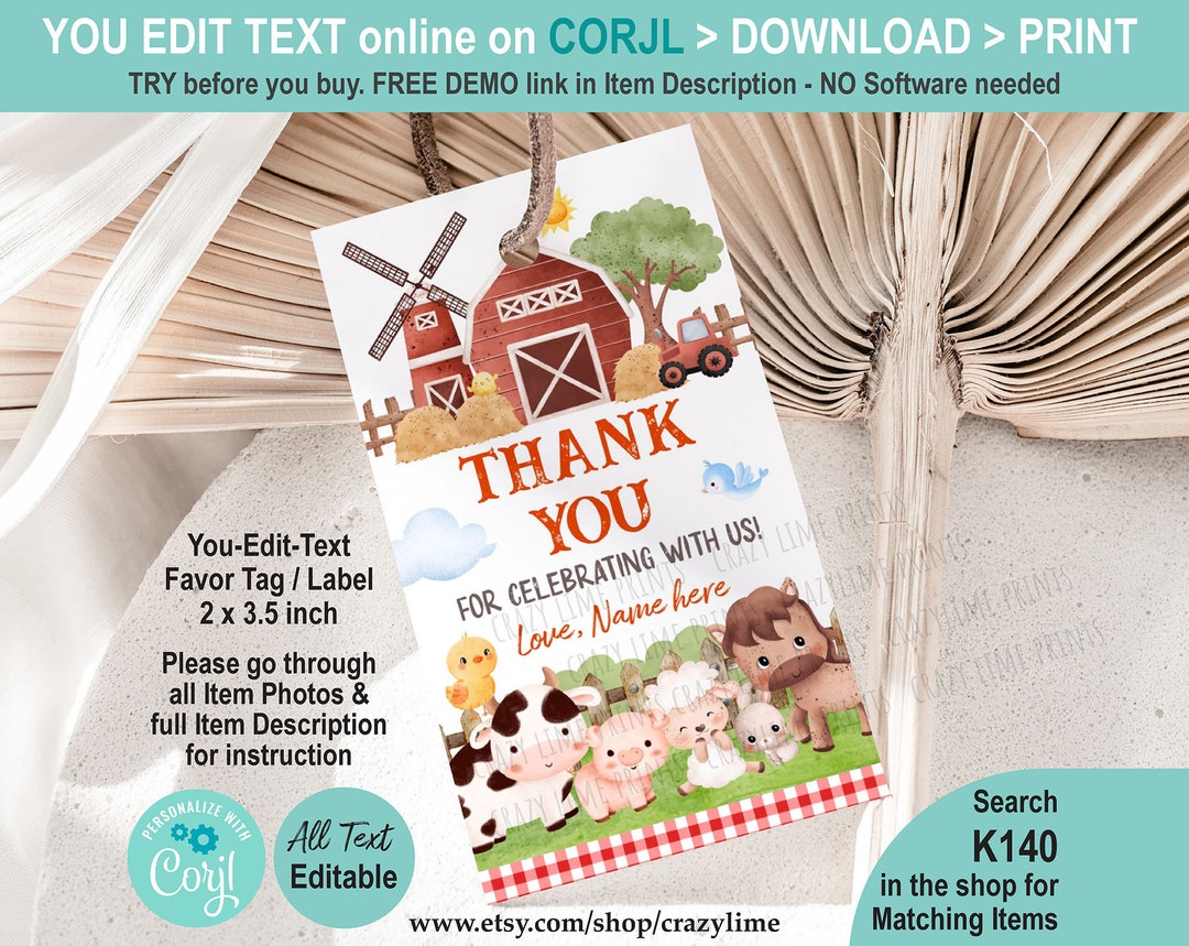EDITABLE Farm Animals Party Favor Gift Tag. Rectangular Label Goody ...