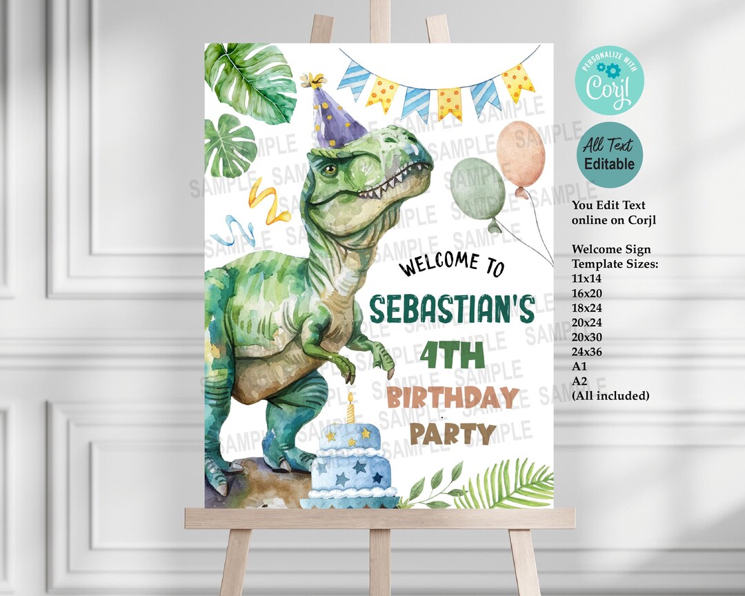 Dinosaur Birthday Party Welcome Sign EDITABLE Template. Trex T-rex Boy ...