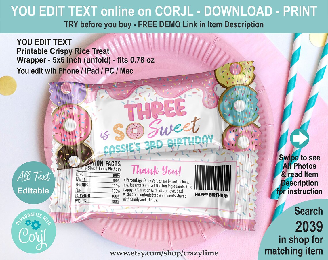Donut Three is so Sweet 3rd Birthday Rice Treat Krispie - Etsy