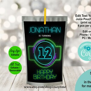 EDITABLE Neon Green Birthday Juice Pouch Label. Printable Kid Video ...