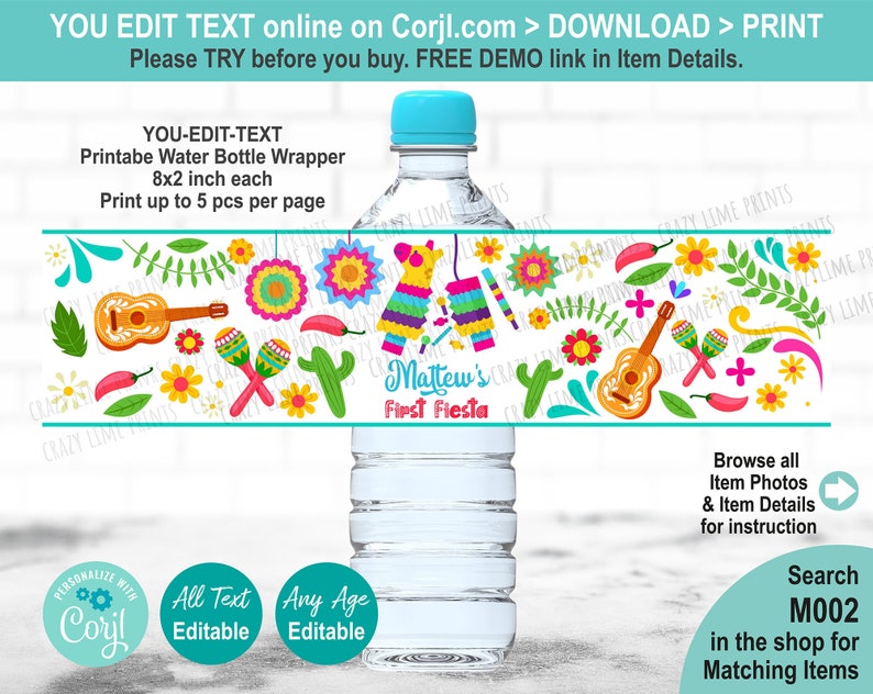 EDITABLE Fiesta 1st Birthday Party Water Bottle Label - Etsy
