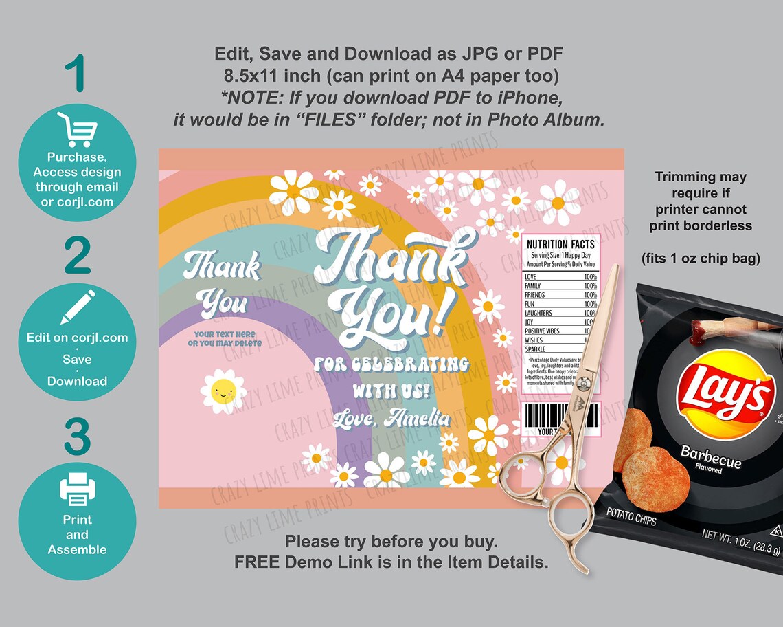 Groovy Retro Hippie Chip Bag Wrapper Editable Template. - Etsy