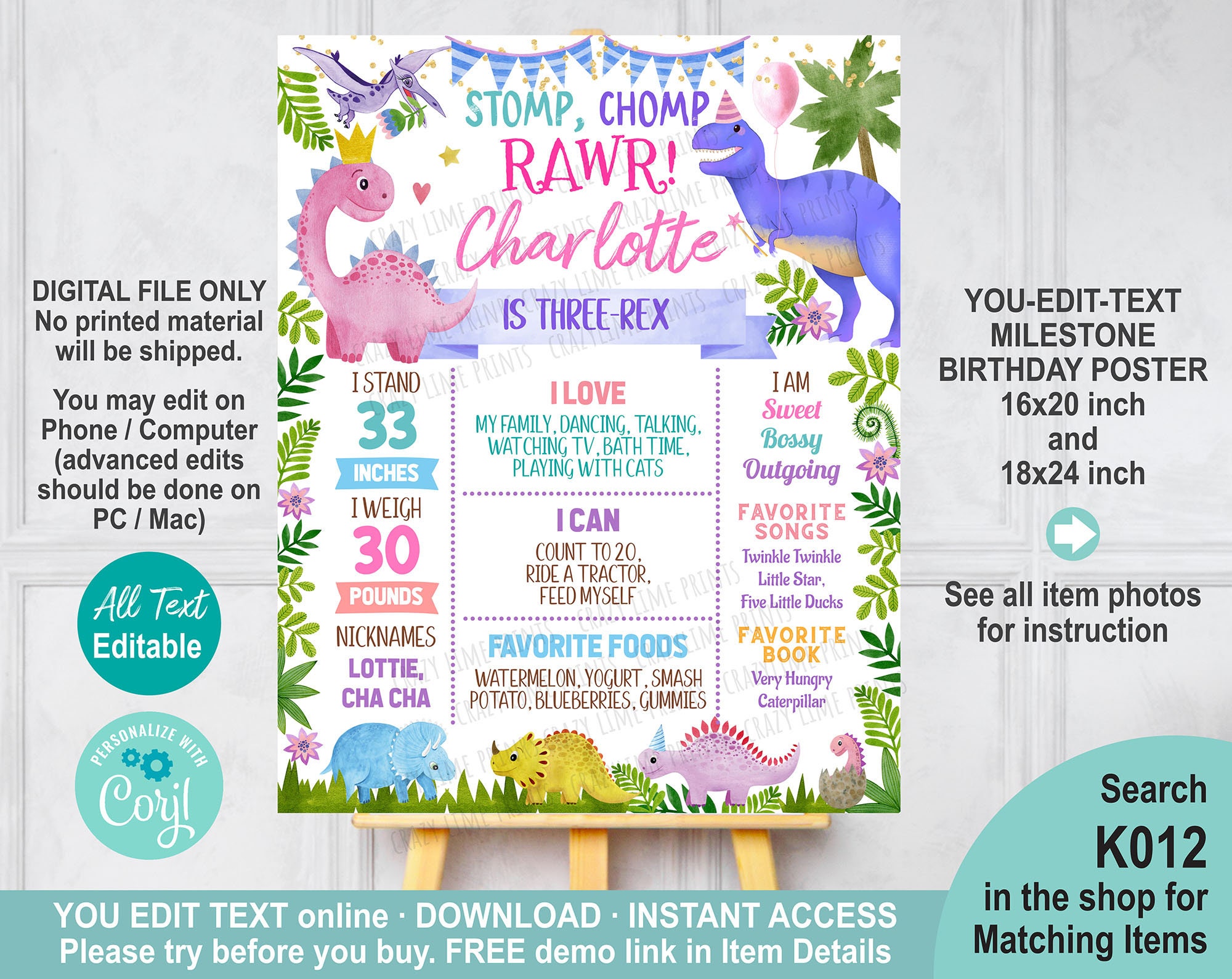 EDITABLE Girl Dinosaur Three-rex 3rd Birthday Milestone Poster - Etsy