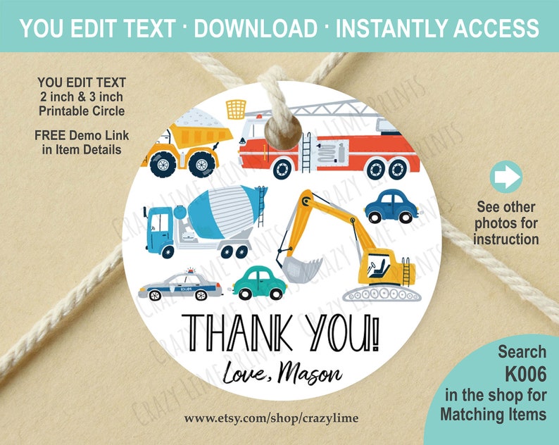 EDITABLE Transportation Party Favor Tag. Personalised Thank | Etsy