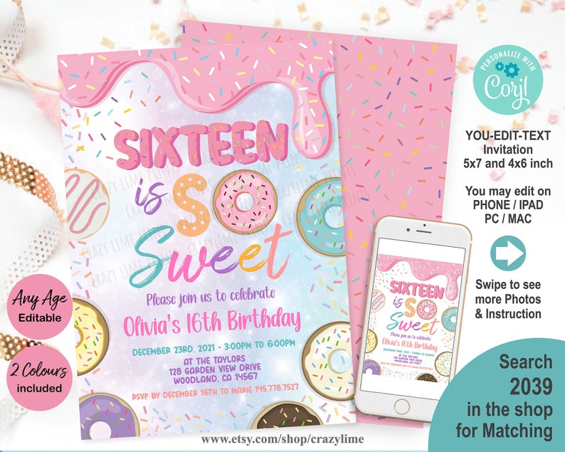 Editable Donut Sweet Sixteen 16 Birthday Party Invitation - Etsy