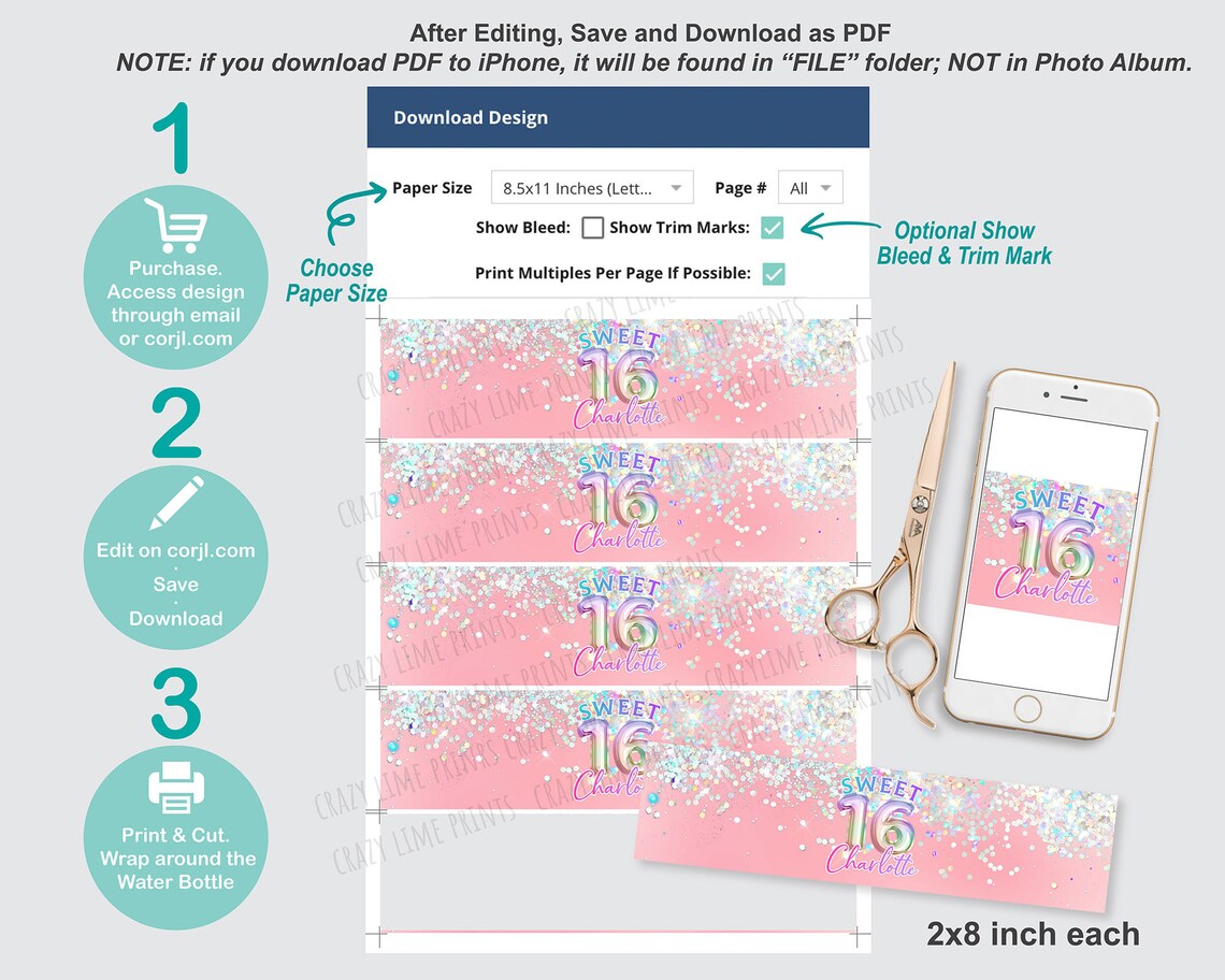 EDITABLE Sweet Sixteen 16th Water Bottle Label Template. - Etsy