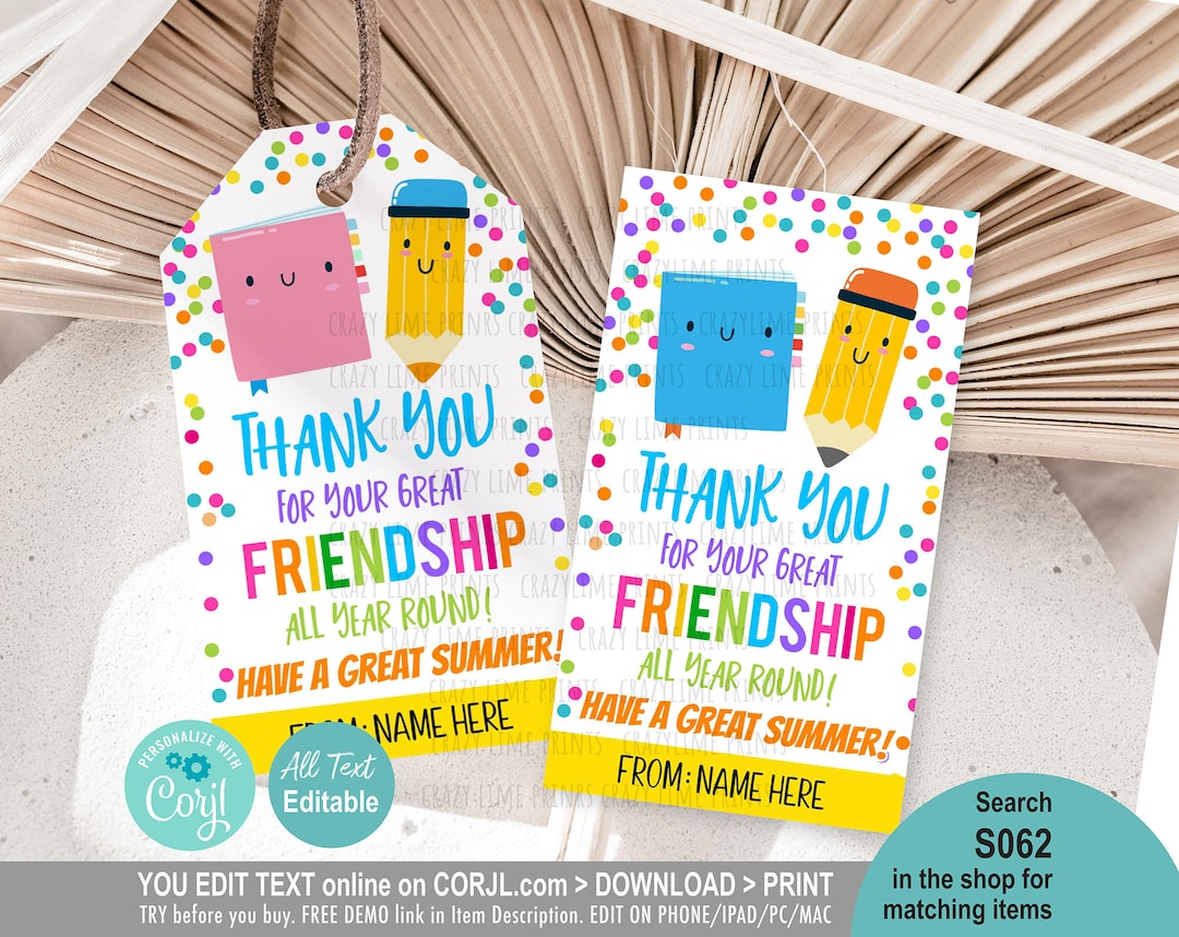End of School Year Thank You for Your Friendship Stationary Gift Tag ...