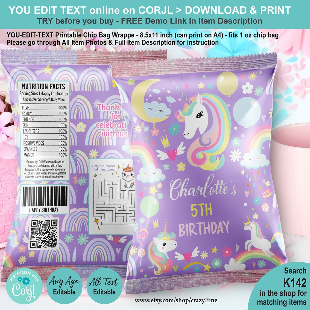 EDITABLE Purple Unicorn Chip Bag Wrapper Template. Pastel Rainbow Girl ...