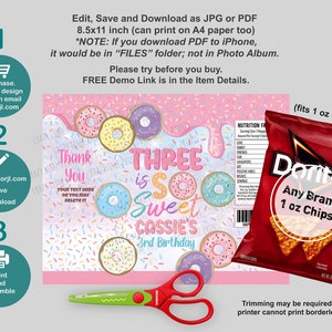 EDITABLE Donut Three is so Sweet 3rd Birthday Party Favors Bundle. Set ...