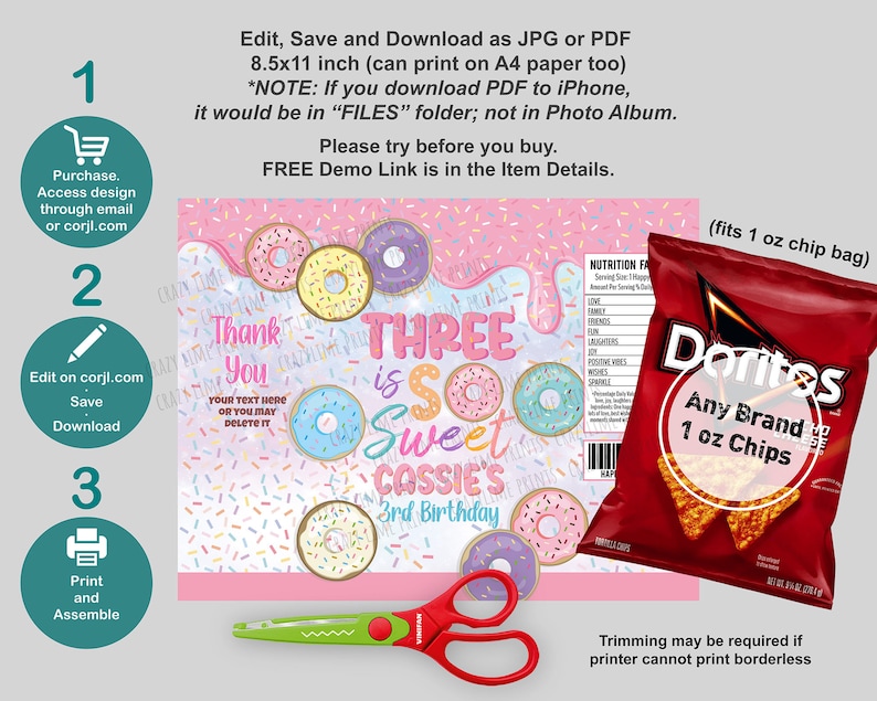 EDITABLE Donut Three is so Sweet 3rd Birthday Party Favors - Etsy