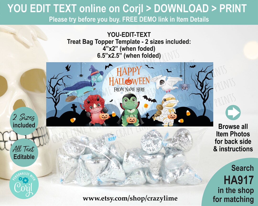 EDITABLE Halloween Treat Bag Topper Template. Printable Cute Dinosaur ...
