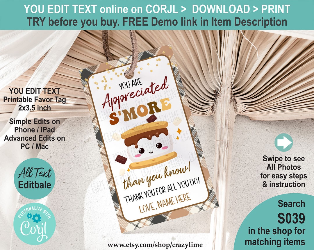 EDITABLE S'mores Gift Tag. Teacher Appreciation Last Day of School. You ...
