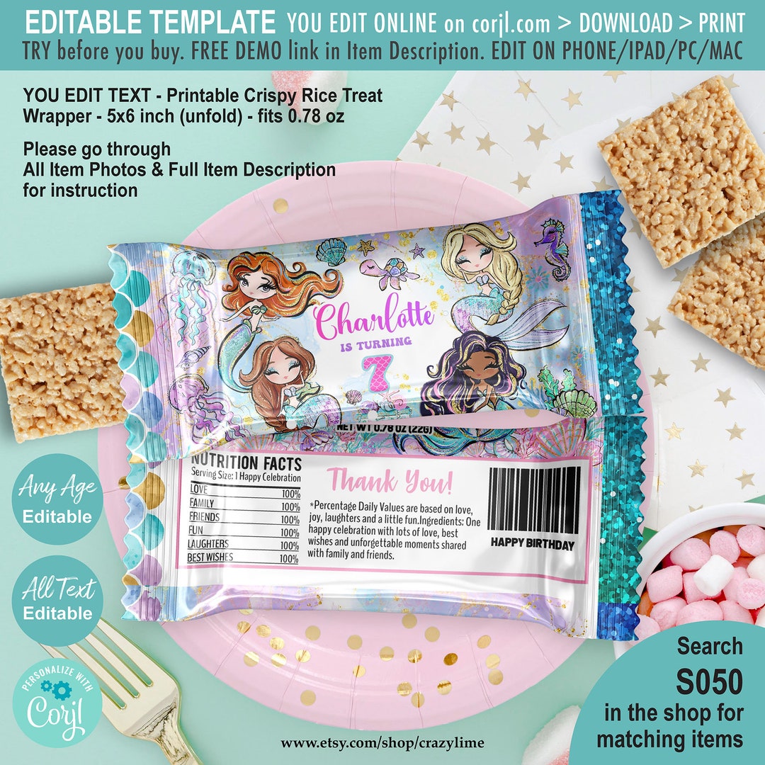 EDITABLE Mermaid Birthday Party Rice Snack Krispies Wrapper Template ...
