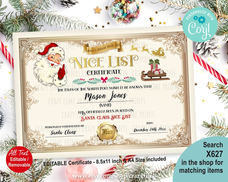 EDITABLE Santa Claus Official Nice List Certificate. Printable Letter ...