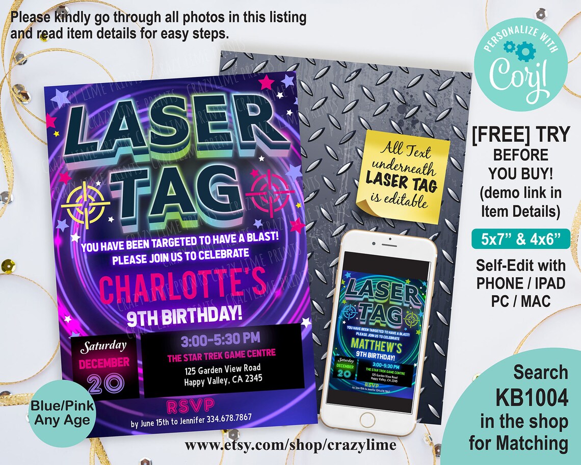 EDITABLE Laser Tag Girl Birthday Invitation Template. - Etsy