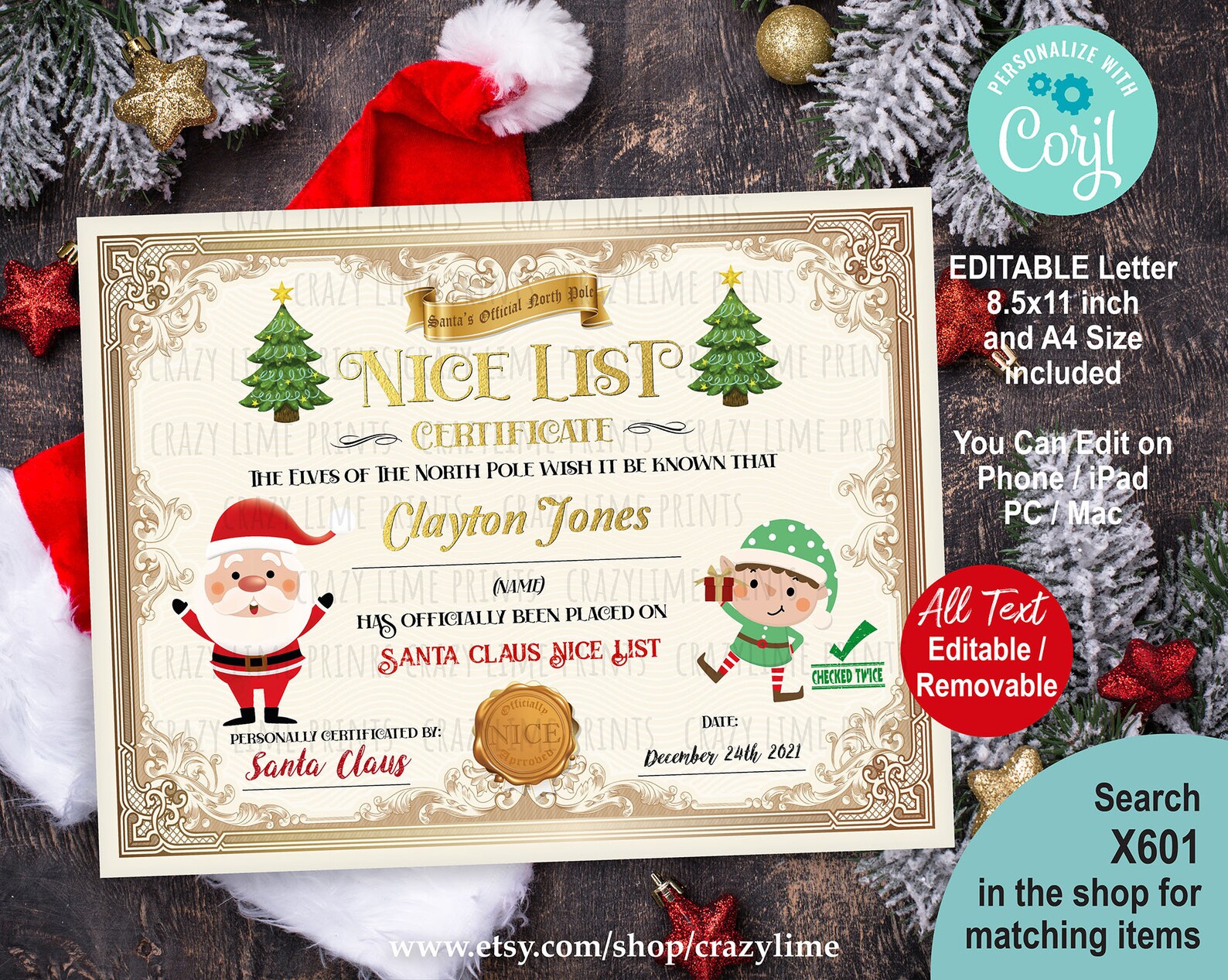 EDITABLE Letter From Santa Claus AND Nice List Certificate - Etsy