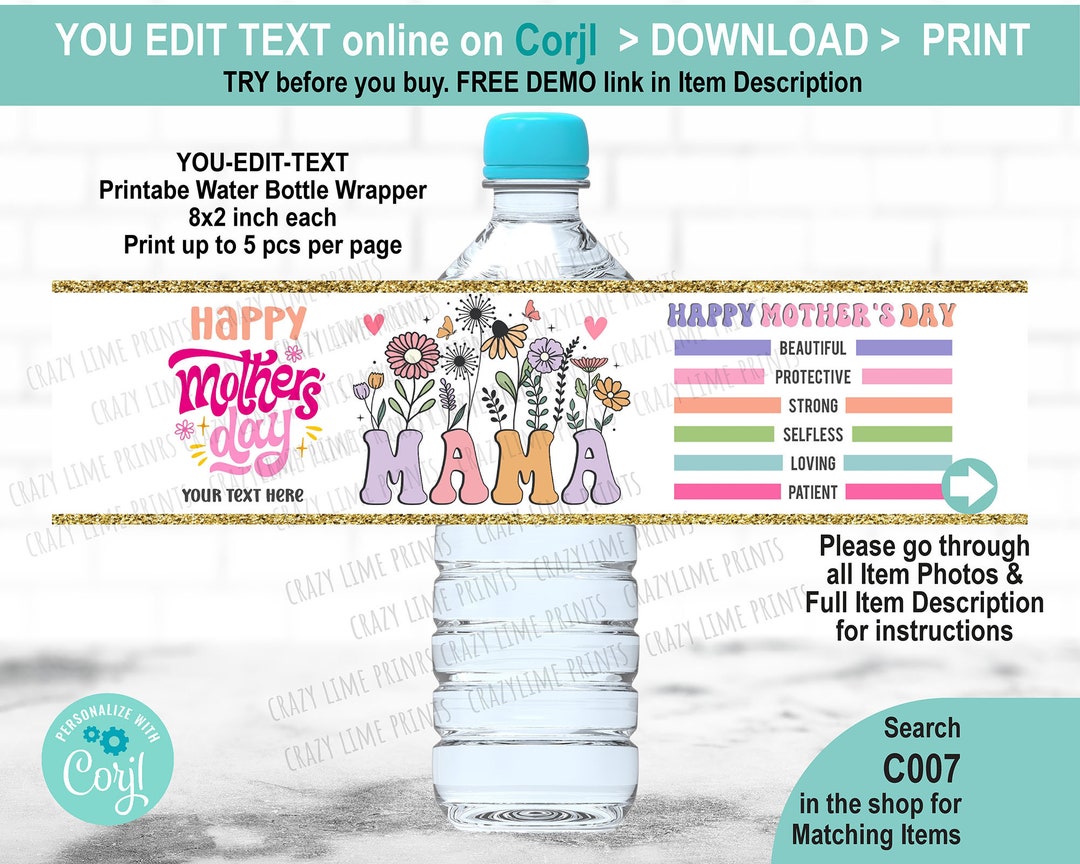 EDITABLE Mother's Day Water Bottle Label Template. Printable Floral ...