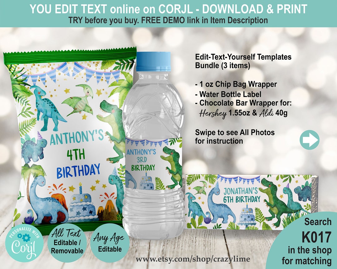 EDITABLE Dinosaur Birthday Party Favors Bundle Set of 3 Templates ...