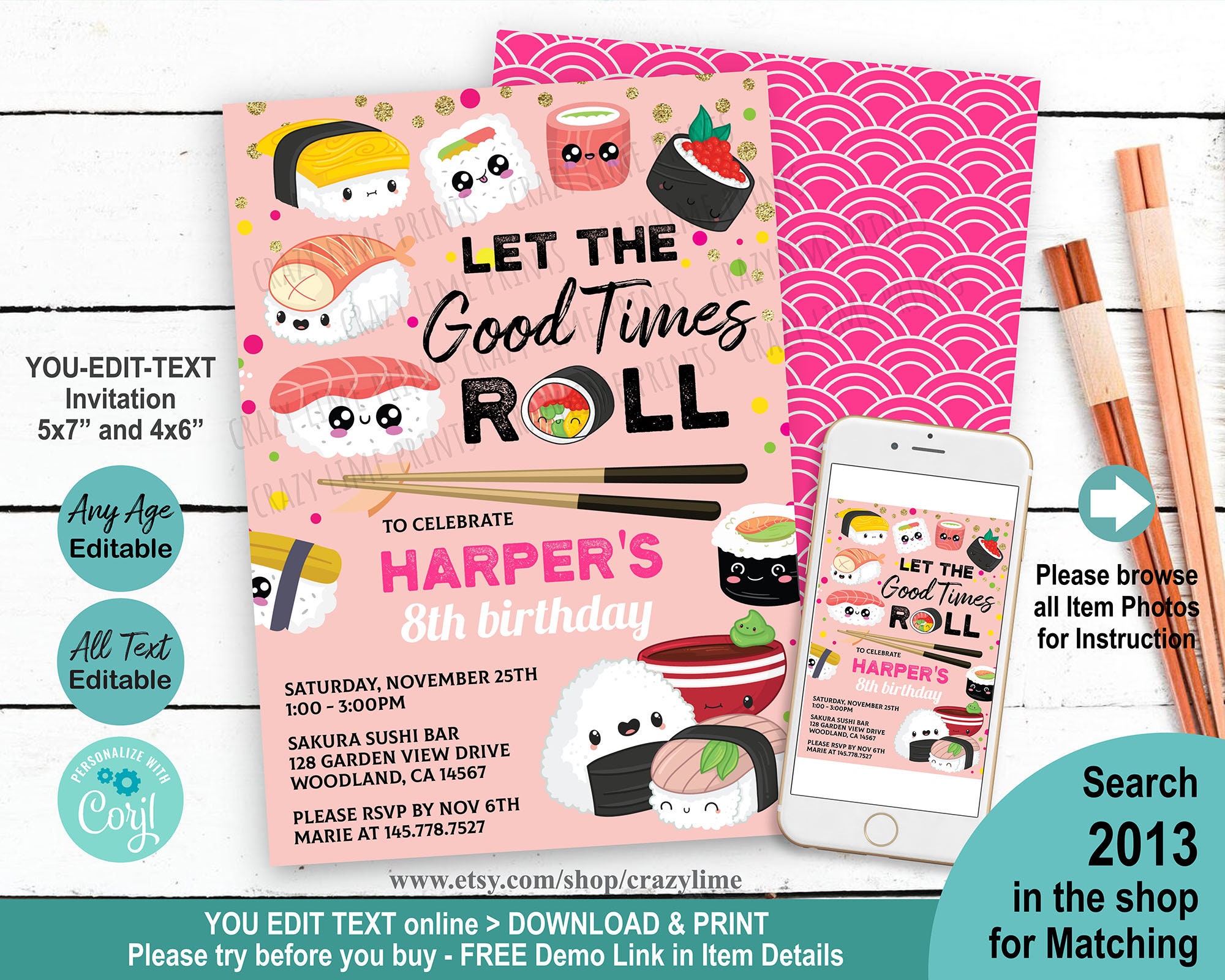 EDITABLE Sushi Party Invitation. Kids Girl Birthday Party Invite ...