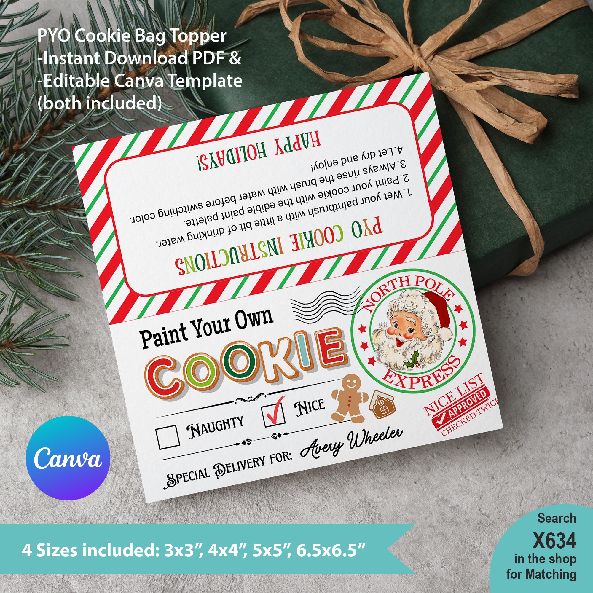 Christmas PYO Cookie Bag Toppers With Instruction Text. Printable Paint ...