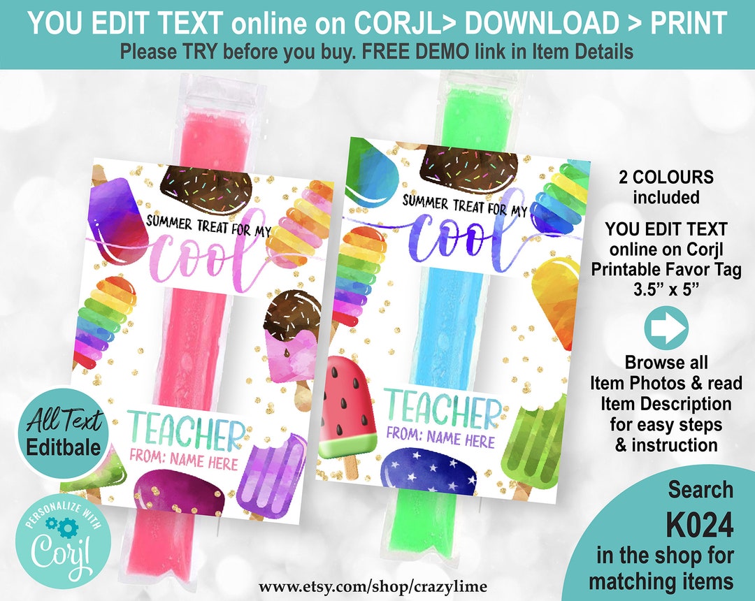 EDITABLE Popsicle Gift Tag. End of School Year Summer Freeze Pop Holder ...