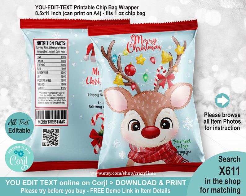 EDITABLE Christmas Chip Bag Wrapper Template. Personalised - Etsy