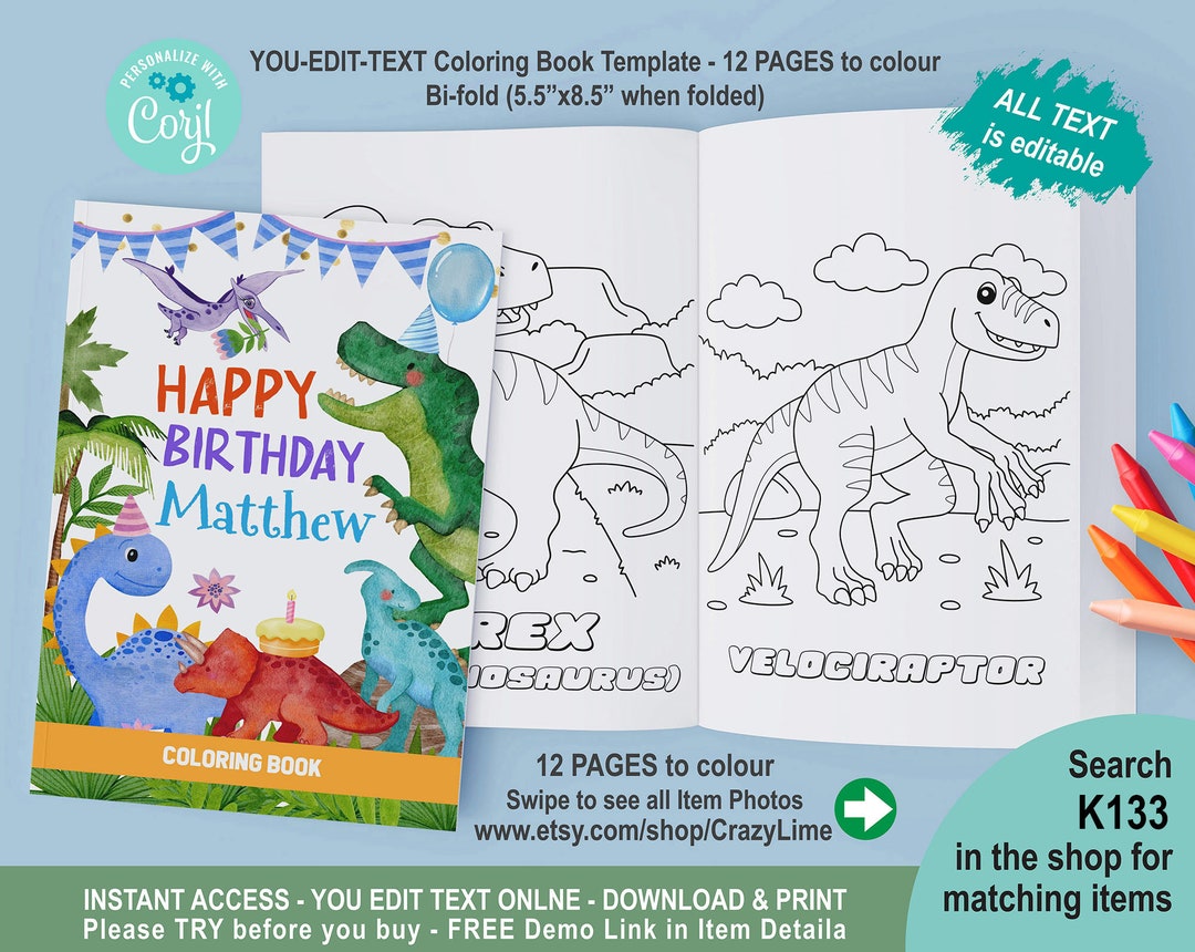 EDITABLE Dinosaur Coloring Book. 8.5 X 11 Inch (5.5 X 8.5 Inch After ...