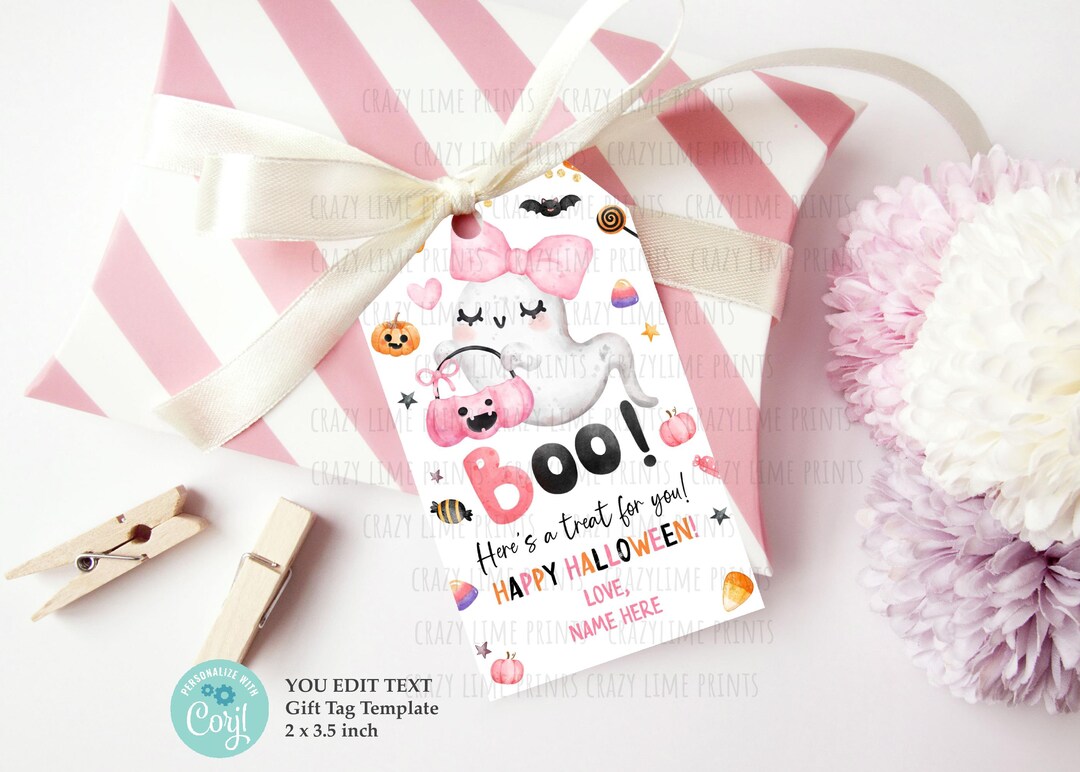 EDITABLE Halloween Party Favor Gift Tag. Pink Boo Little Ghost ...