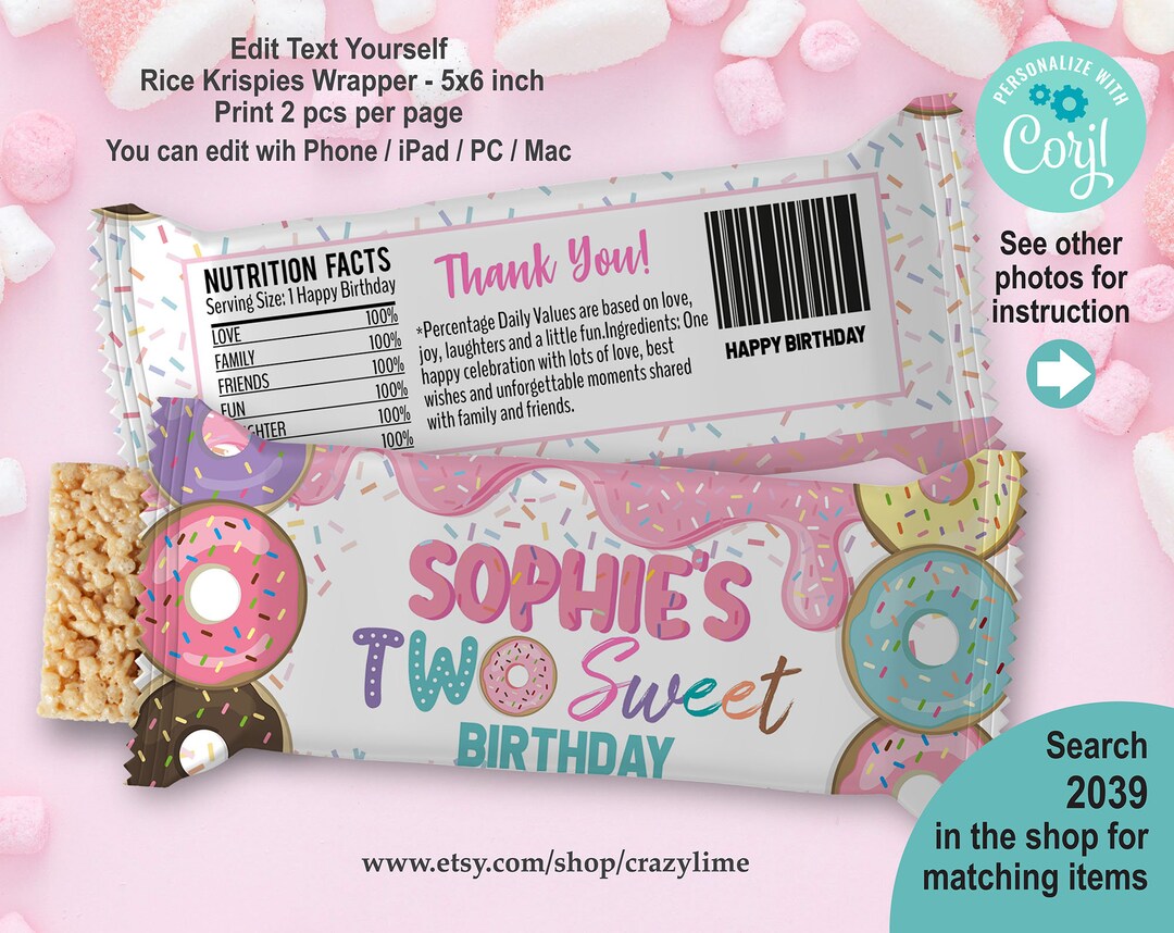 Donut Two Sweet Rice Snack Krispie Wrapper Template. EDITABLE Treat ...