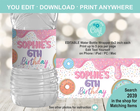 EDITABLE Donut Birthday Water Bottle Label Template. Printable | Etsy
