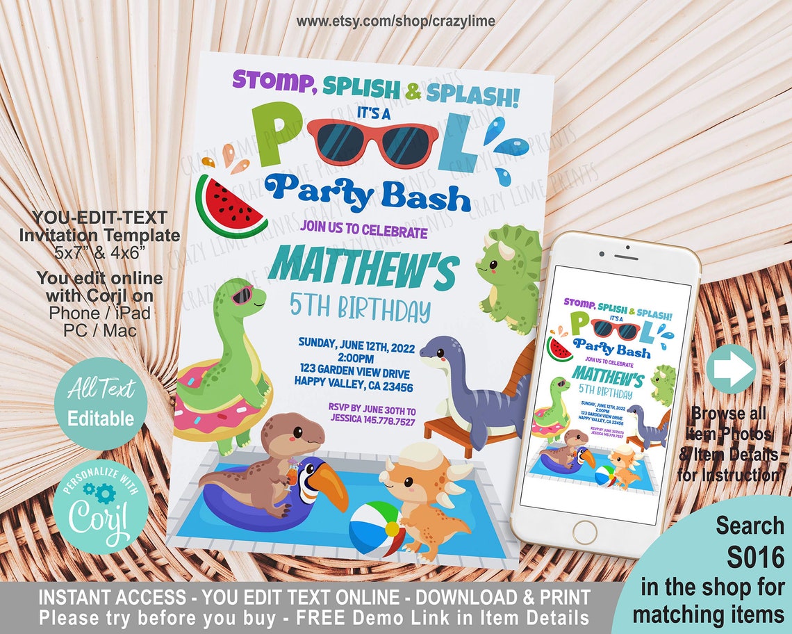 Dinosaur Pool Party Birthday Invitation. Editable Summer Party - Etsy