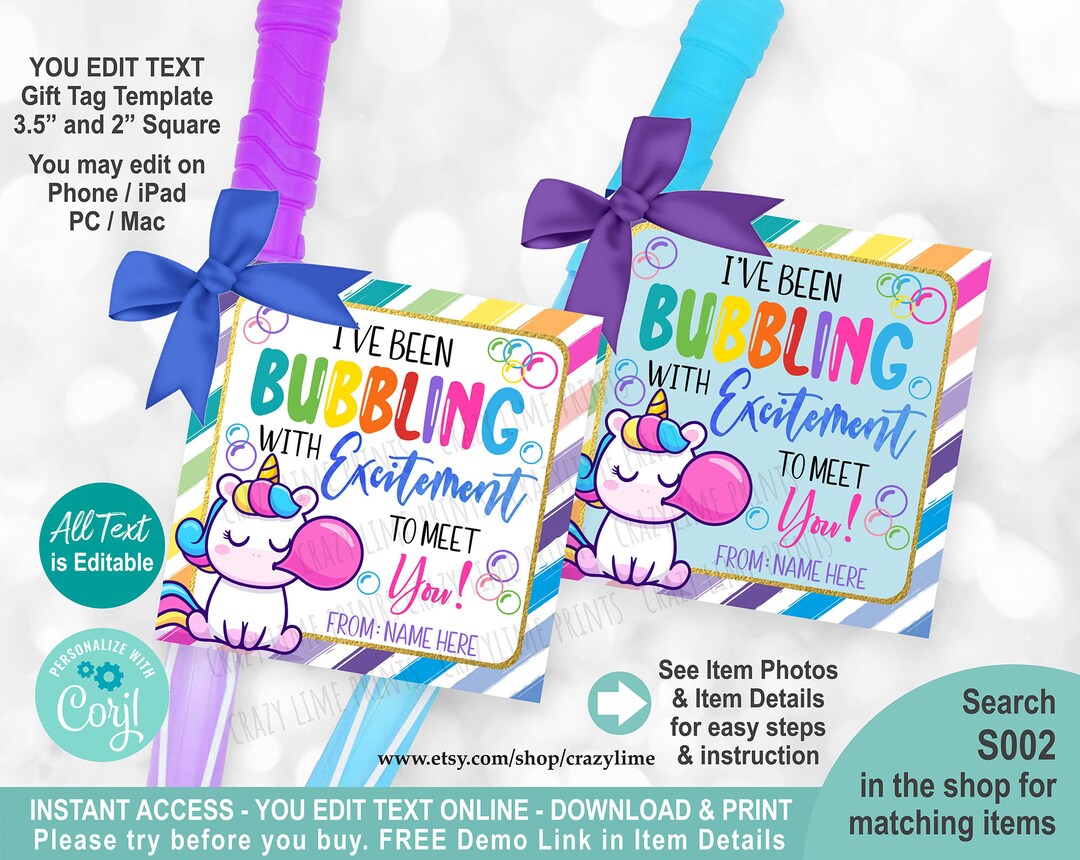 Unicorn Bubble Wand Gift Tag Editable Template. Back to School First ...