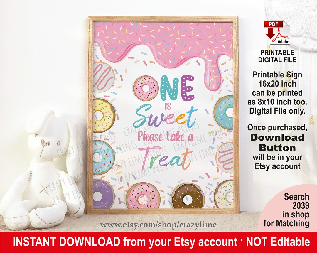 One is Sweet Please Take A Treat Table Sign. Donut 1st Birthday Party ...