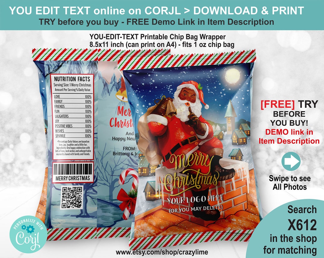 EDITABLE Vintage African Santa Chip Bag Wrapper Template. Personalised ...