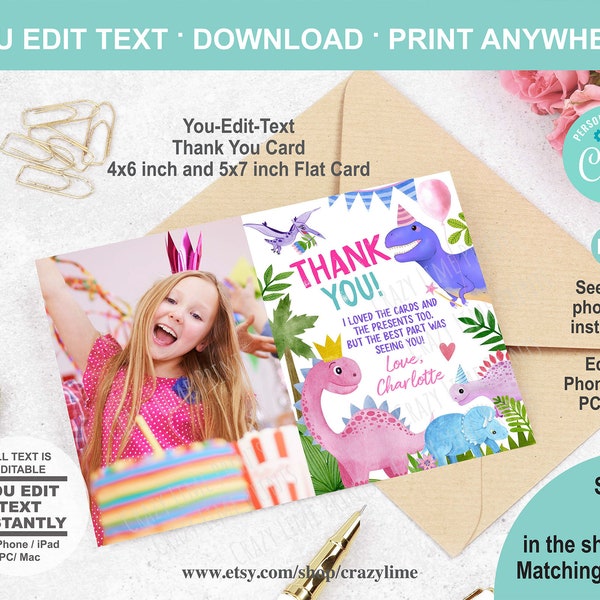 Dinosaur Girl Birthday Party Thank You Cards - Etsy