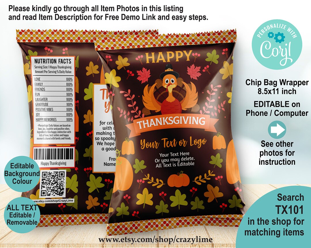EDITABLE Thanksgiving Chip Bag Wrapper Template. Personalised Crisp ...
