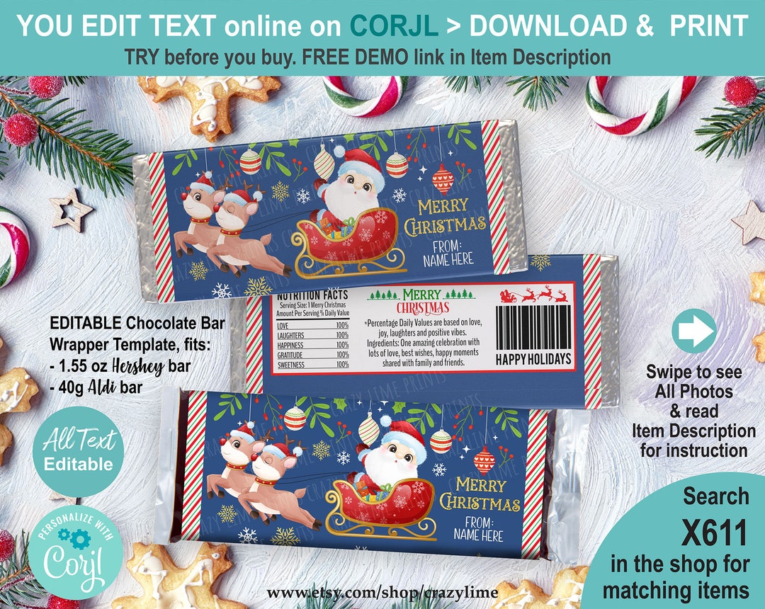 EDITABLE Santa Chocolate Candy Bar Wrapper Personalised Template. Cute ...