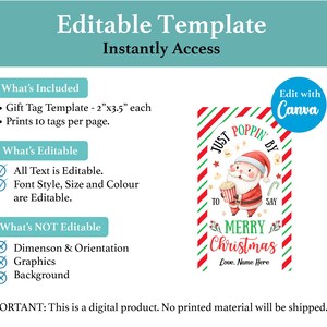 EDITABLE Christmas Popcorn Gift Tag. Santa Claus Poppin' by to Say ...