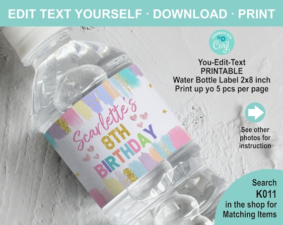 EDITABLE Pastel Art Party Birthday Water Bottle Label - Etsy