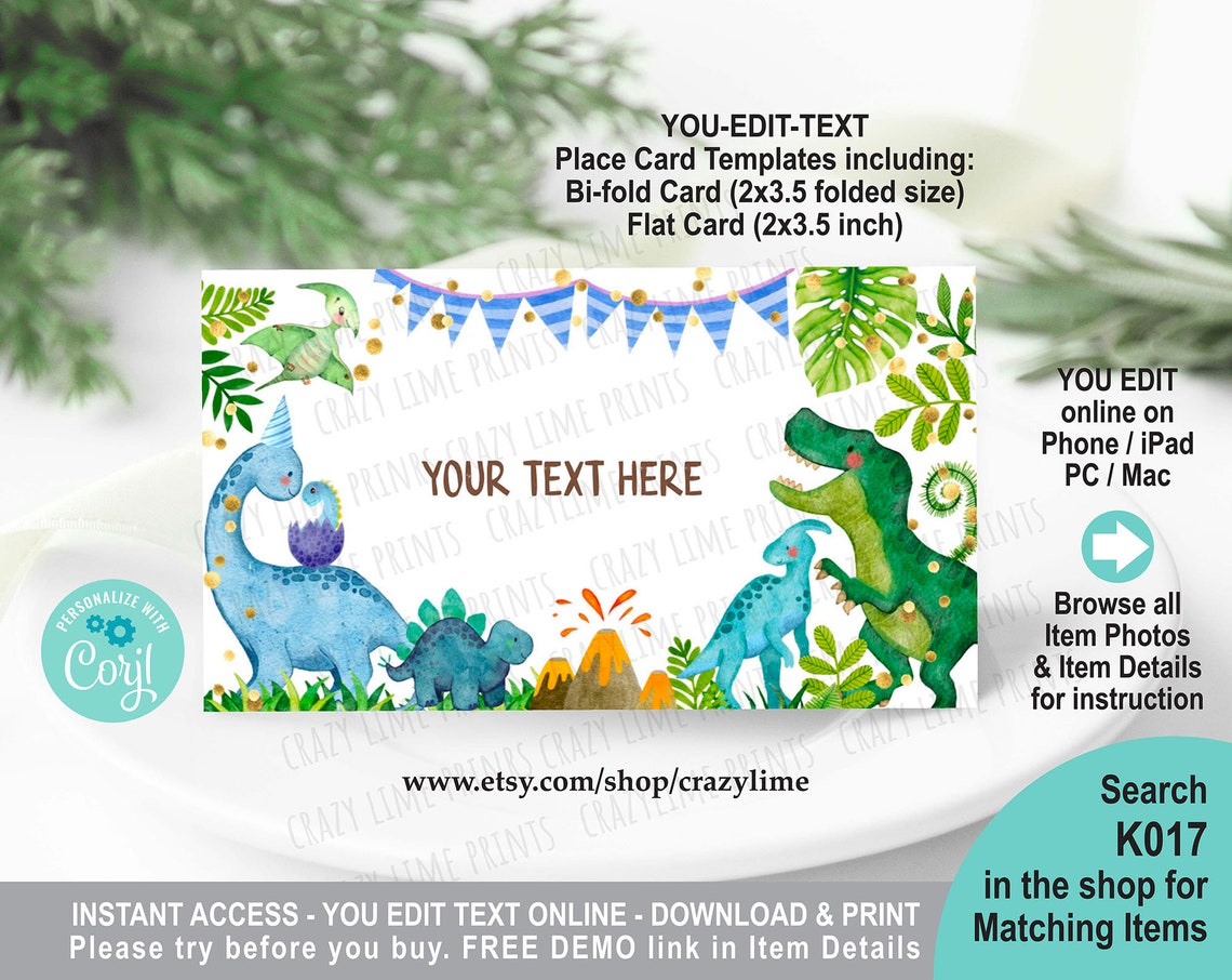 EDITABLE Dinosaur Place Card Template. Printable Cute Dino - Etsy