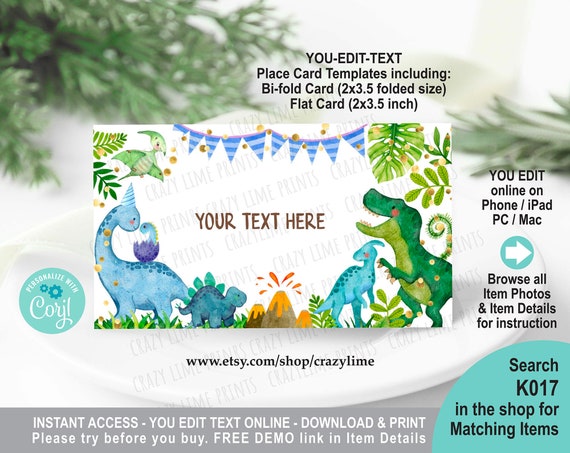 EDITABLE Dinosaur Place Card Template. Printable Cute Dino - Etsy